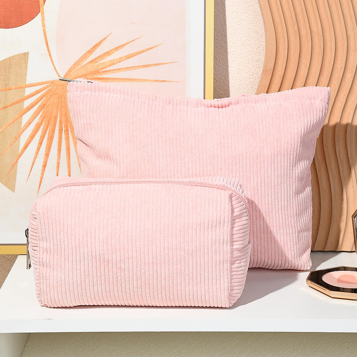 SOIDRAM 2 Pieces Makeup Bag Large Corduroy Cosmetic Bag Capacity Canvas Mix Travel Toiletry Bag Organizer Cute Makeup Brushes Aesthetic Accessories Storage Bag for Women, Corduroy Mix Pink