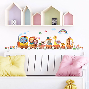 DECOWALL DS-8024 Animal Trains Kids Wall Stickers Wall Decals Peel and Stick Removable Wall Stickers for Kids Nursery Bedroom Living Room (Small) d?cor