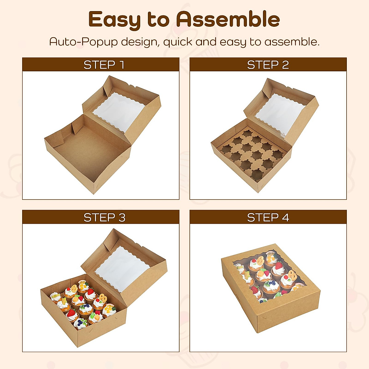 Tcoivs 6-Set Cupcake Boxes Hold 12 Standard Cupcakes, Brown Cupcake Containers with Windows and Inserts, Cupcake Carrier, Food Grade Kraft Cupcake Holders