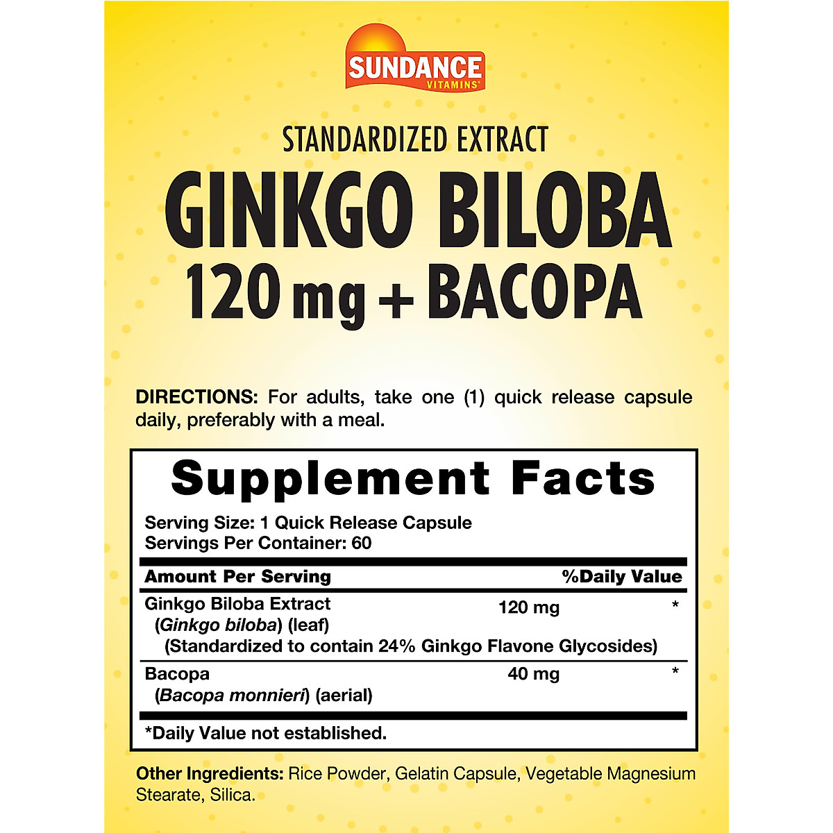 Sundance Ginkgo Biloba Capsules | 120mg | Standardized Extract with Bacopa | Gluten Free Traditional Herb Supplement
