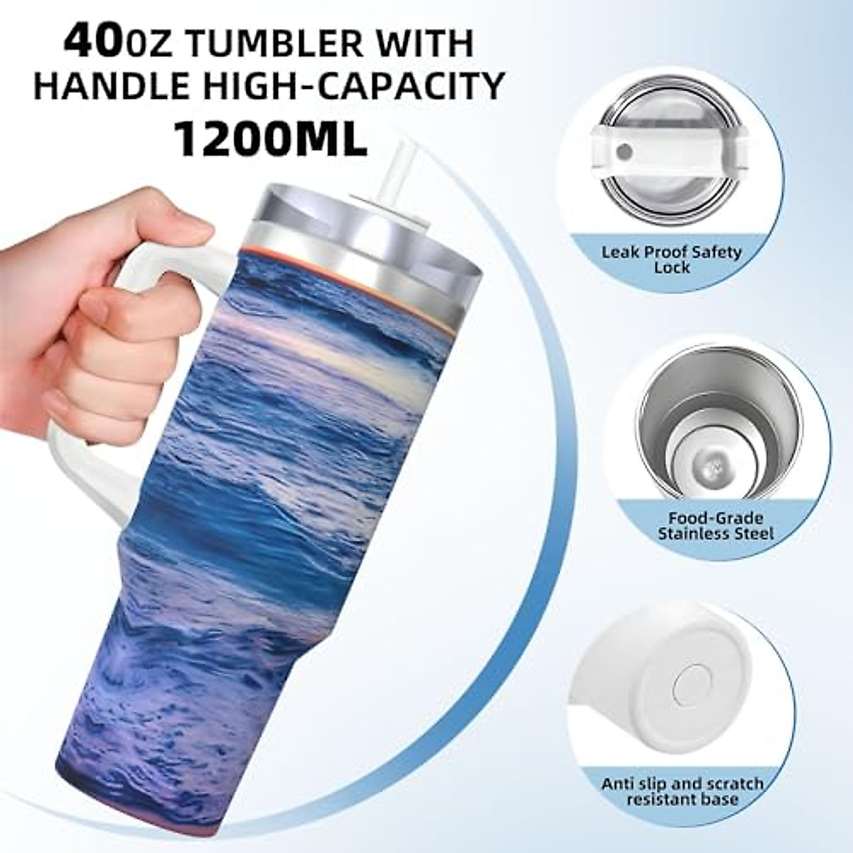 HULIBIN Beach Sunset Ocean Waves Print Double Deck Stainless Steel Travel Coffee Cup With Lid 40 Oz Ice Bully Cup