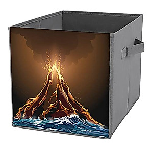 Volcanic Eruption View PU Leather Collapsible Storage Bins Canvas Cube Organizer Basket with Handles