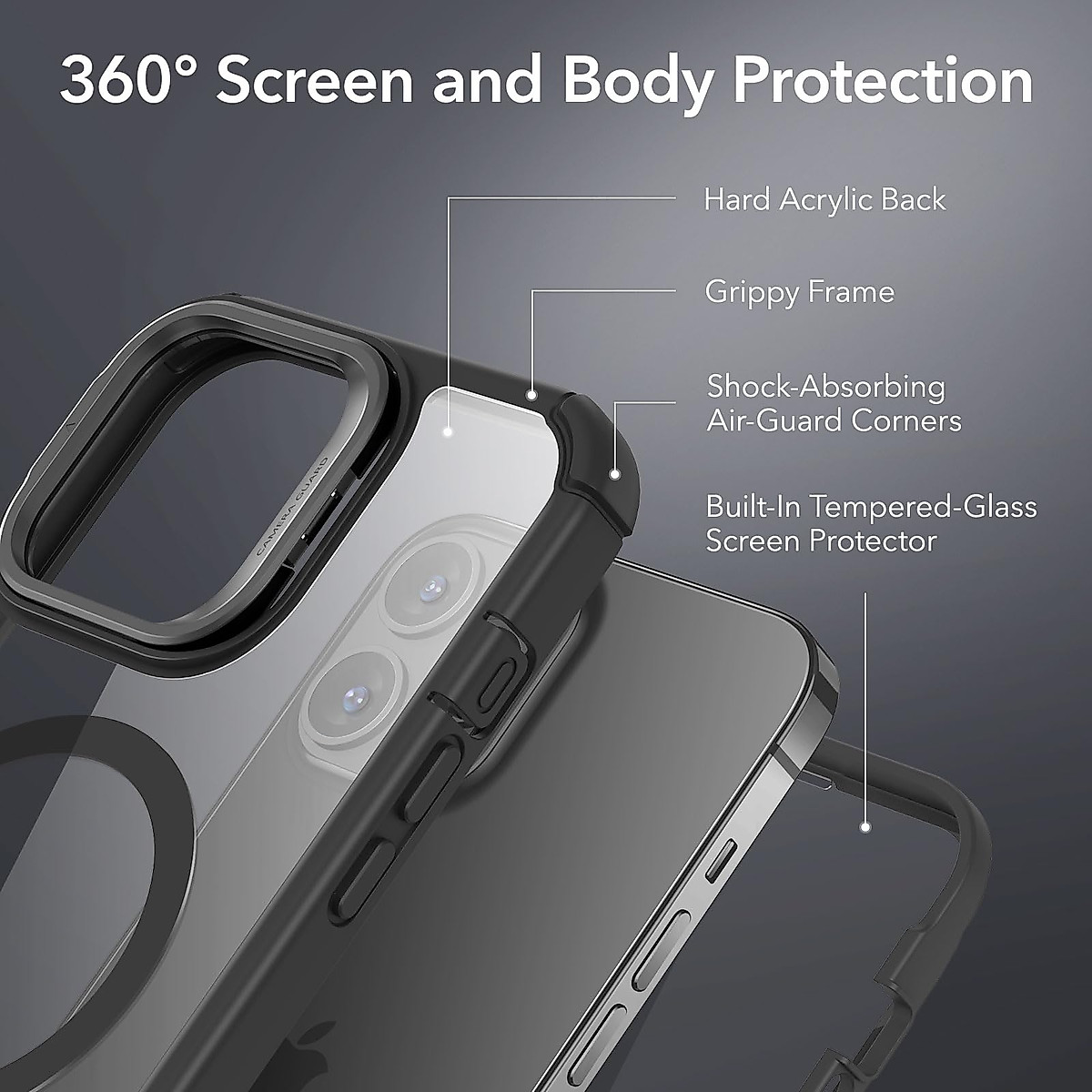 ESR for iPhone 13 Pro Max Case with Stand, Compatible with MagSafe, Full-Body Military-Grade Drop Proof Case with Built-in 9H+ Tempered Glass Screen Protector, Armor Series, Clear Black