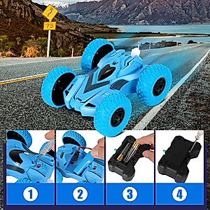 RC Stunt Cars RC Cars with Lights UP 4WD 2.4Ghz Double Sided 360° Rotating RC Truck Cool Surprise for 6 Year Old Boy Gifts Kids Xmas Toy Cars for Boys Girls(Blue)