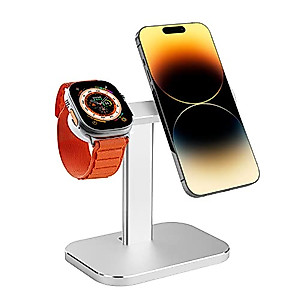 Adjustable Stand for MagSafe Charger/Apple Watch, Aluminum Phone Holder for iPhone 14 Plus 13 12 Pro/Pro Max/Mini and Apple Watch Series SE Ultra (Charger Not Included) (Silver)
