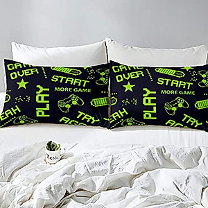 Erosebridal Games Fitted Sheet Twin Size Kids Boys Gamepad Gamer Bedding Set Gaming Sheet Set Gifts for Christmas Bed Cover Gamer Room Decor with 1 Pillow Case Green Black No Flat Top Sheet
