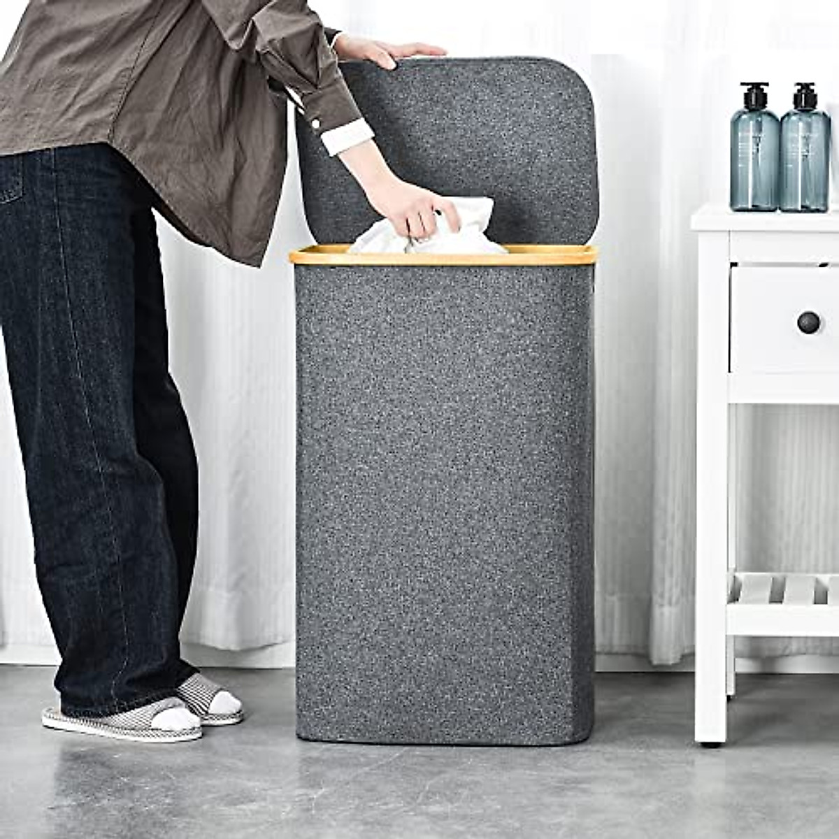 Edergoo Laundry Basket with Lid 100L, Laundry Hamper with Premium Bamboo Handle, Dirty Clothes Hampers for Laundry, 27.6" Tall Bathroom Laundry Basket Freestanding with Removable Bag, Grey