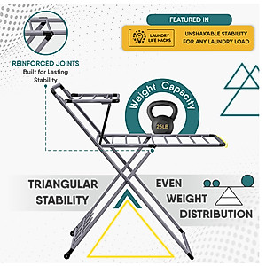 XABITAT Foldable Clothes Drying Rack with Shoe Hanger | Metal Construction, Non-Slip Feet | Dual Layer with Hooks | Hidden Wheels | Space Saving Portable | Ideal for Laundry Room, Indoor & Outdoor