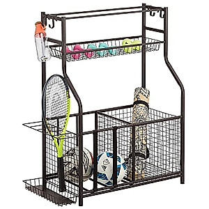 mDesign Metal Heavy Duty Garage Storage System Rack with Top Shelf, Multi-Purpose Sporting Goods Storage with Multiple Compartments, Baskets and Hooks - Holds Equipment, Balls, Bats - Bronze