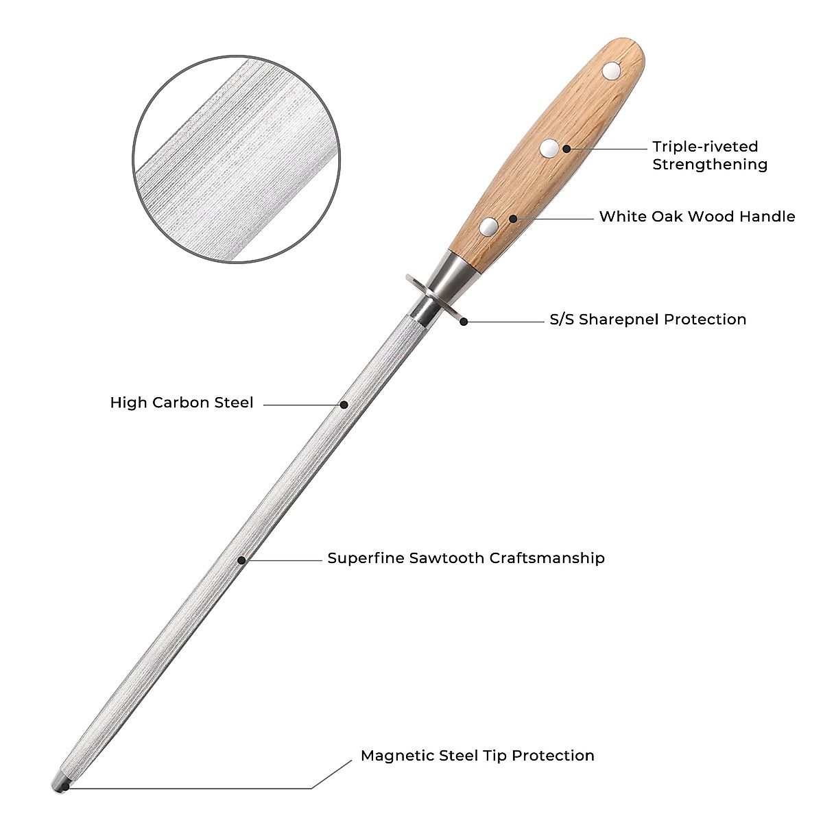 Cohesion Knife Sharpener Rod for Kitchen Knife Daily Sharpener Maintenance, 10 Inch Carbon Steel Professional Knife Sharpening Rod Honing Steel with White Oak Wood Handle