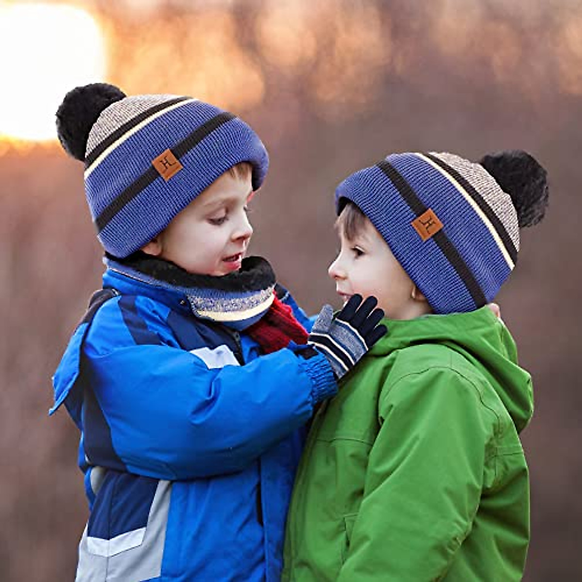 Fancosni Winter Gloves Beanie and Hat for Kids Set, Toddler Winter Hat for Children Boys and Girls 2 3 4 5 6 Age, Scarf Neck Warmer, Touch Screen Gloves Beanie Cap for Cold Winter, 3pcs Blue