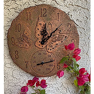 Lily's Home Hanging Wall Clock, Includes a Thermometer, Ideal for Indoor and Outdoor Use, Wonderful Housewarming Gift for Friends, or for Any Butterflies Lovers, Polyresin