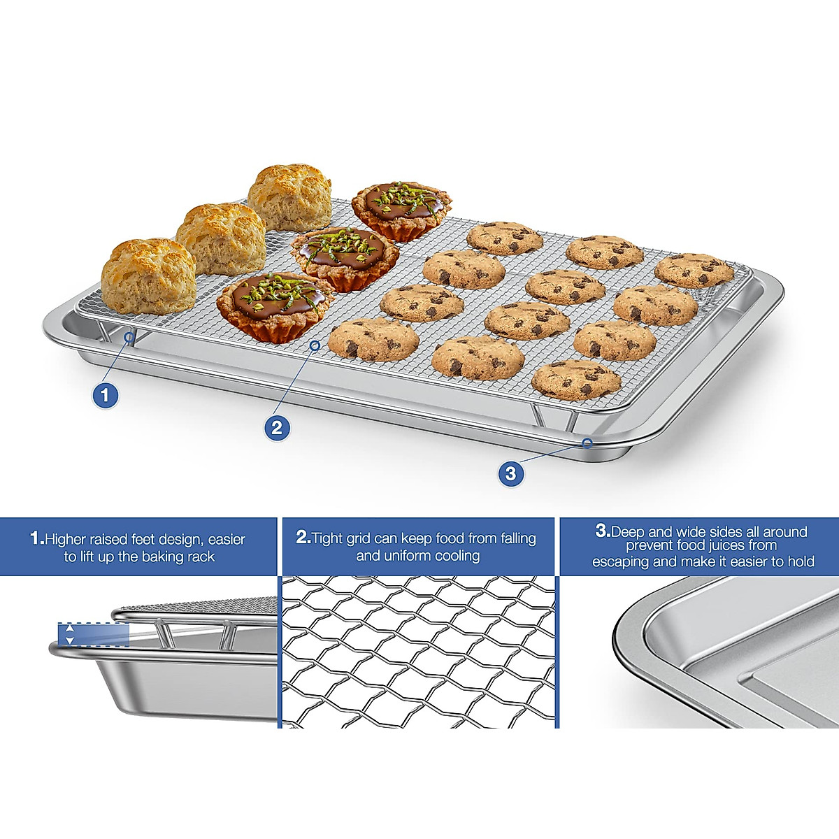 DOBADN Baking Sheet with Wire Rack, 15.35''x 11.5'' Stainless Steel Cooking Pan with Grease Mesh Strainer, Kitchen Bakeware for Smoker and Pellet Grills,Oven Safe