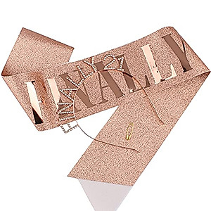 AOPRIE 21 Year Old Headband & Sash for Girl Rose Gold Birthday Tiara Crown for Women Rhinestone Happy Birthday Hair Accessories Gift Sets