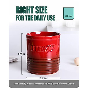 Lareina Utensil Holder for Kitchen Counter, [Elegant & Non-slip] Ceramic Utensil Crock Organizer, H 7" x W6 Large Cooking Utensil Holder with Anti-slip Cork Bottom for Home Décor, Christmas Red