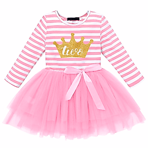 Baby Girls Shinny Striped 1st/2nd/3rd Birthday Long Sleeve Printed Princess Cake Smash Tutu Tulle Dress Toddler Kids Outfit Pink Crown (Two Year) One Size