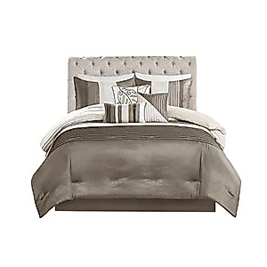 Madison Park Amherst Faux Silk Comforter Set-Casual Contemporary Design All Season Down Alternative Bedding, Matching Shams, Bedskirt, Decorative Pillows, Queen(90"x90"), Natural, 7 Piece (MP10-121)