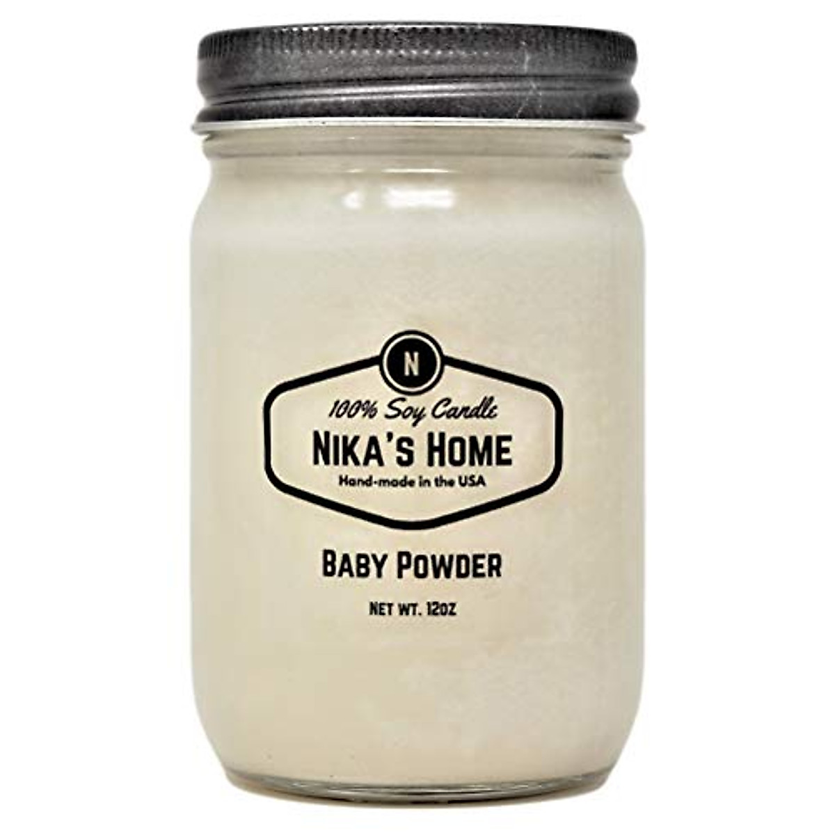 Nika's Home Baby Powder Soy Candle 12oz Mason Jar Non-Toxic White Soy Candle-Hand Poured Handmade, Long Burning 50-60 Hours Highly Scented All Natural, Clean Burning Large Candle Gift Décor