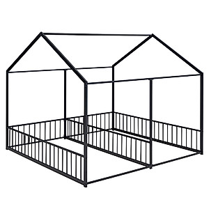 Double Floor Bed for Twins,Twin Size House Bed for 2 Kids,Two Shared Beds,Twin House Platform Beds,Metal Floor Bed Frame with Rails for Girls,Boys(Black)