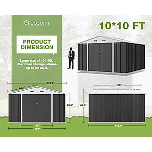 Greesum Outdoor Storage Shed 10 x 10 ft. Utility Tool Shed Metal Storage Garden Shed with Door & Lock for Patio Storage, Gray