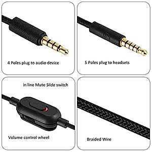 EARLA TEC Replacement Audio Cable for G433 Headphones,Aux Cord Braided Wire with Volume Control &Mic Mute Compatible with Logitech G Pro X G Pro G233 Gaming Headsets (Black)