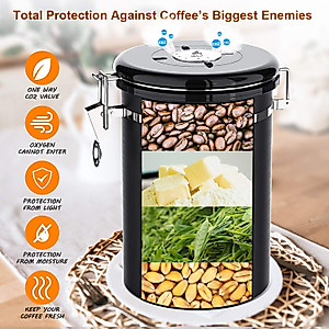 Airtight Coffee Canister, Large Stainless Steel Coffee Bean Storage Container for Kitchen with Date Tracker, Measuring Scoop, One Way Co2 Valve (Extra 6pcs) for Beans, Grounds Tea, Sugar (16OZ, Black)