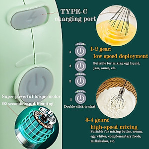 Wynboop MINI Household Cordless Electric Hand Mixer,USB Rechargable Handheld Egg Beater with 2 Detachable Stir Whisks 4 Speed Modes,Baking At Home For Kitchen,Lightweight Portable(Green)