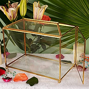 WHSLILR 10" Glass Card Box Wedding Card Box with Lock for Wedding Reception Cosmetic Home Decor, Handmade Large Geometric Terrarium with Hinged Lid, Brass Frame - (Golden/Roof)
