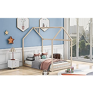Merax Full Size House Bed Frame Floor Height Platform Bed for Kids and Toddler. Wood Full Bed Frame for Boys and Girls, House Shaped, Twin