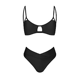 CUPSHE Bikini Set for Women Two Piece Swimsuits High Waisted Cut Out Scoop Neck V Front Bottom, L Black