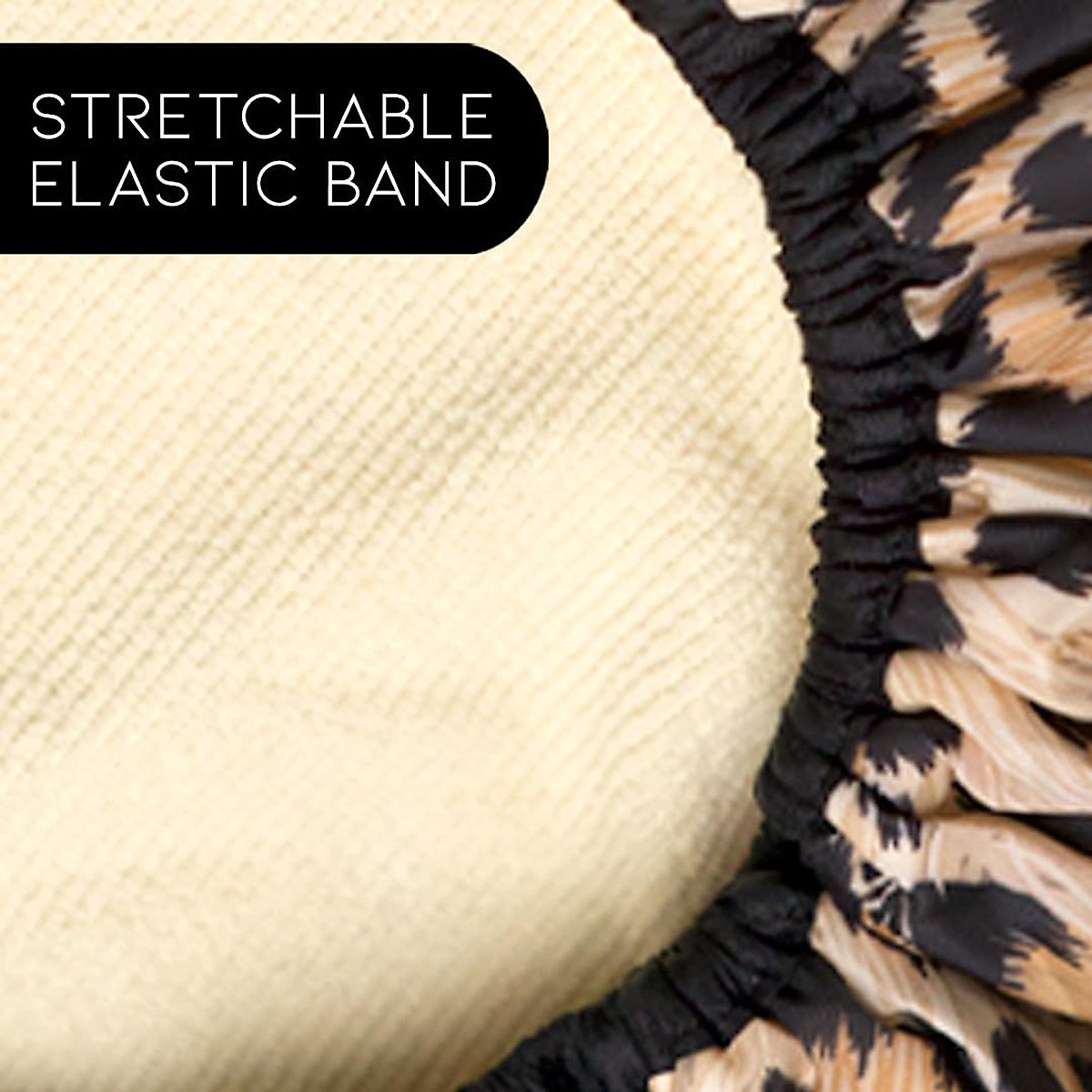 Reusable Nylon Shower Cap & Bath Cap, Reversible Oversized Waterproof Shower Caps Large Designed for all Hair Lengths w Terry Lining & Elastic Band Stretch Hem Hair Hat - Socialite Safari Spots