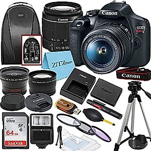 Canon EOS Rebel T7 Digital SLR Camera with EF-S 18-55mm Zoom Lens + SanDisk 64GB Memory Card + Tripod + Case + Wideangle Lenses + ZeeTech Accessory Bundle (20pc Bundle) (Renewed)