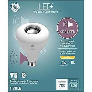 GE Lighting LED+ Speaker Indoor Floodlight Bulb, Soft White, Bluetooth Speaker, No App or Wi-Fi Required, Remote Included, BR30 Indoor Floodlight Bulb (1 Pack)