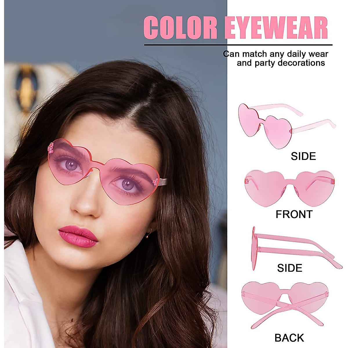 AEAHALY 10 Pairs Pink Heart Sunglasses Bulk for Women and Kids, Rimless Heart Shaped Sunglasses Bulk Women, Pink Heart Glasses Effect Bachelorette Bride Party Favor