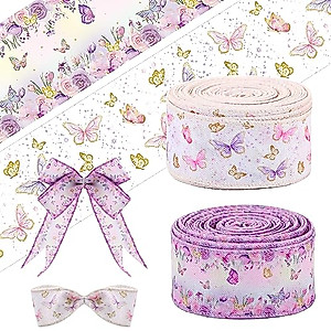 Tigeen 2 Rolls 20 Yards Butterfly Baby Shower Ribbon 1.5 Inch Wired Edge Ribbons Watercolor Purple Butterfly Floral Theme Burlap Ribbon for Gift Wrapping Bow Diaper Cake Birthday Party Decor DIY Craft
