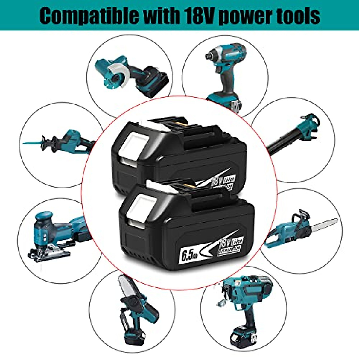 Atcuji 2 Pack 6.5Ah BL1860B 18V Battery Replace for Makita 18 Volts Battery 6.0Ah BL1860B 5.0Ah BL1850 4.0Ah BL1840, Compatible with Makita 18V Battery 6Ah 5Ah 4Ah