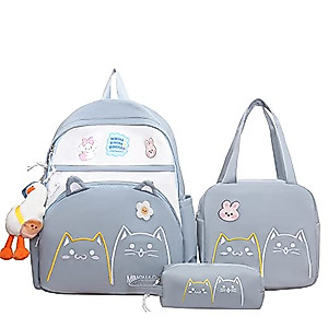 DAHUOJI 3PCS Kawaii Backpack Set 17in Cat Embroidery Backpacks Aesthetic School Bag Cute Bookbag with Lunch Bag,Pencil Box,Duck Pendant & Badge,Blue
