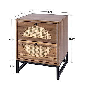 SeokIljin Rattan Nightstand,2 Drawer Side Table,Metal Legs,Bottom Hollow-Out Design,Easy Cleaning,Display Rack for Bedroom and Living Room