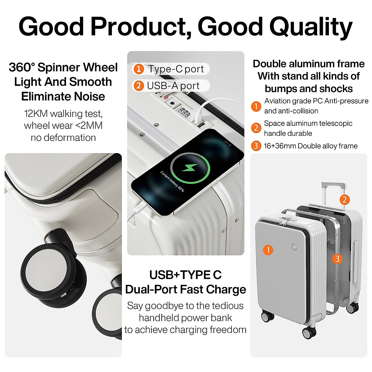 mixi Carry On Luggage with Cup Phone Holder and Charger Hard Shell Suitcases with Spinner Wheels, 20 Inch Smoke White