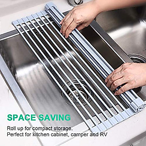 TBMax Roll Up Dish Drying Rack, Food-Grade Silicone-Coated Stainless Steel Over The Sink Rack, Heavy Duty Roll Up Sink Drying Rack