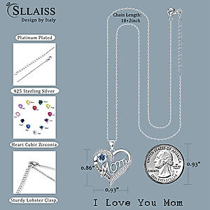 Sllaiss Love Heart Mom Necklace 925 Sterling Silver Birthstone Pendant Necklaces Birthday Mother's Day Jewelry Gift for Women