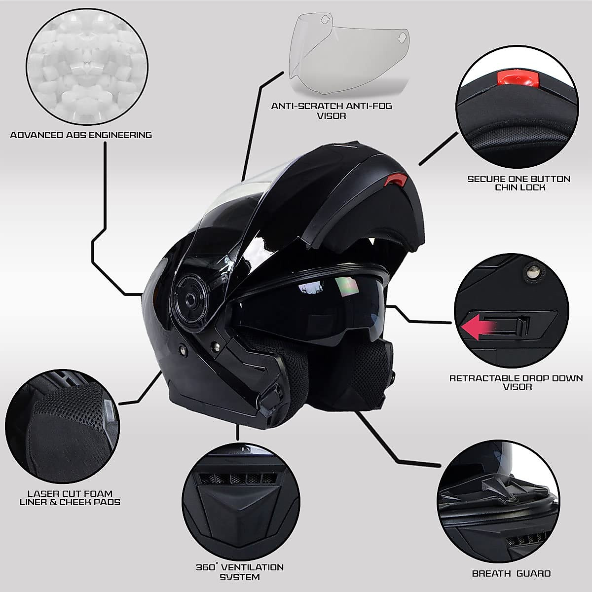 Milwaukee Helmets MPH9815DOT Breeze Gloss Black Advanced Motorcycle Modular Helmet Biker w/Drop Down Visor - Small
