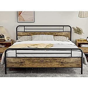 IKIFLY King Size Metal Platform Bed Frame with Wood Headboard Footboard, Heavy Duty Steel Slats, 12" Under Bed Storage, Mattress Foundation, No Box Spring Needed - King/Rustic Brown