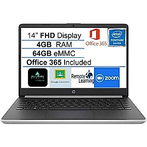HP 2021 Newest Stream 14-inch FHD Laptop, Silver, Intel Quad-Core N5000(up to 2.7 GHz), 4G RAM, 64G eMMC, WiFi, Webcam, Bluetooth, HDMI,Type-C, Windows 10 S, Office 365 for 1 Year, Allyflex MP