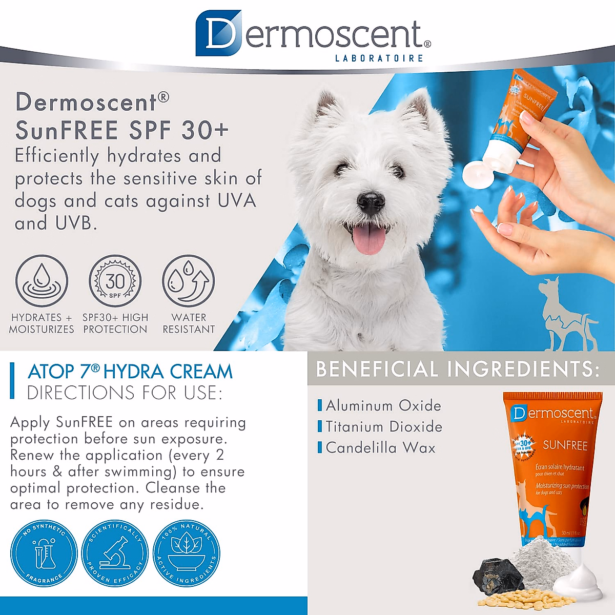 Dermoscent SunFREE SPF30+ Cat & Dog Sunscreen - Safe & Natural Mineral Sunscreen Moisturizing Sun Protection - 30 Ml / 1 Fl. Oz.