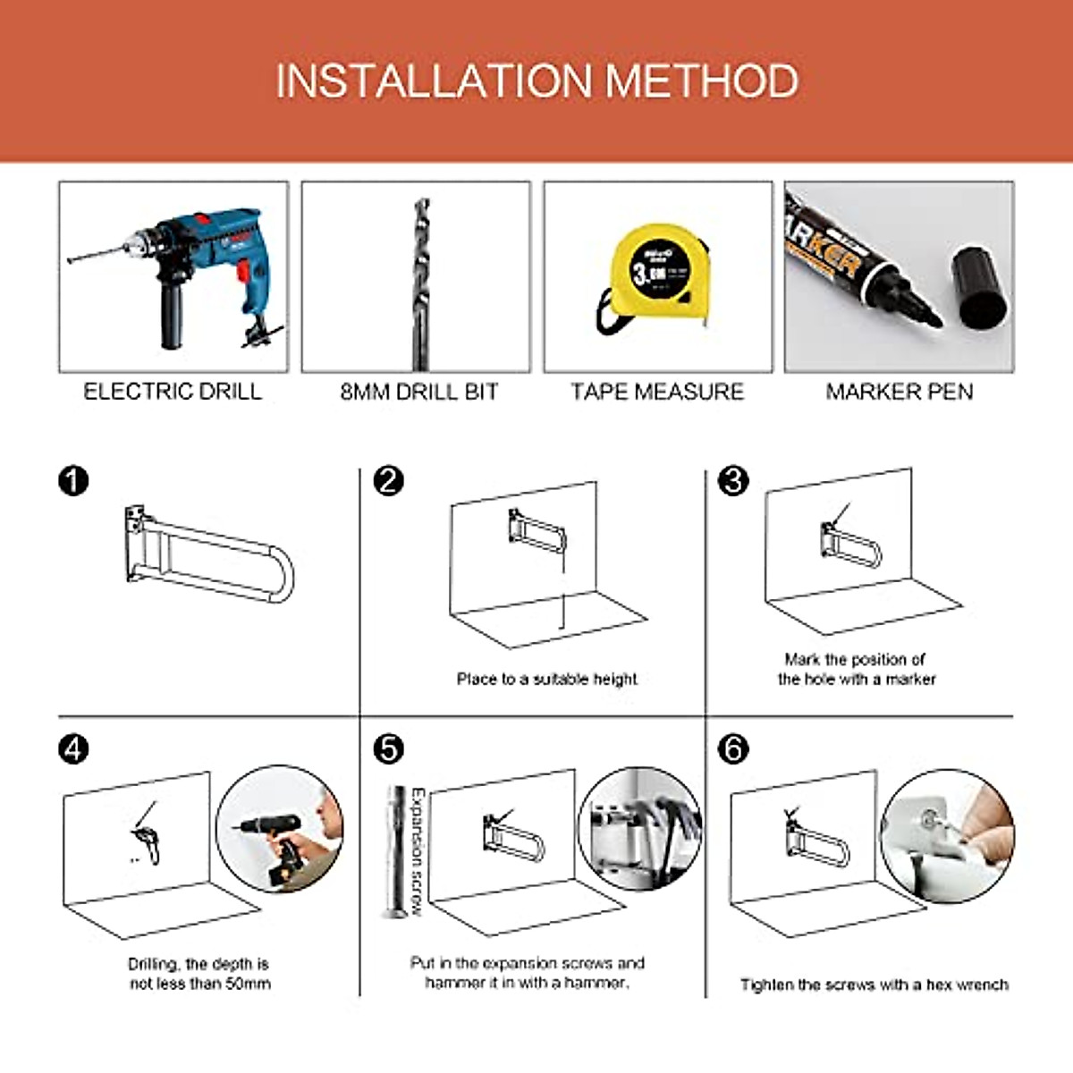 Flip Up Grab Bar for Bathroom, U-Shaped Aluminium Alloy Toilet Safety Rail for Elderly, Toilet Grab Bar for Wall, Non-Skid Toilet Handicap Grab Bar Handicap Rail for Home Hotel Pregnant