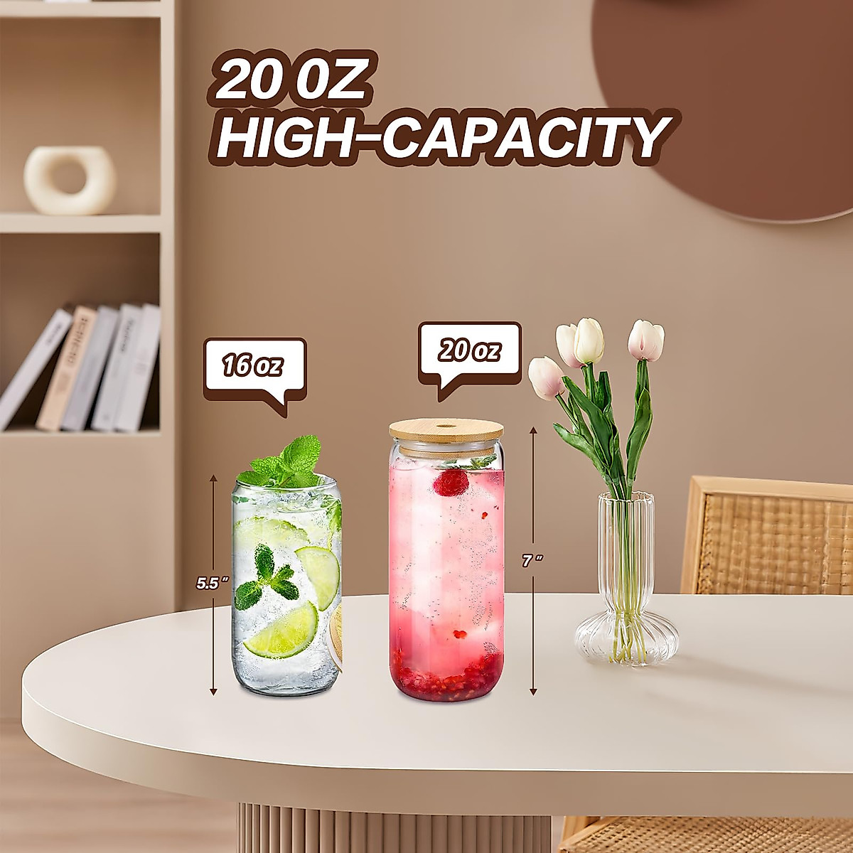 DAMCONME 20 Oz Glass Cups with Lids and Straws 2Pcs,Glass Iced Coffee Cups,20 Oz Glass Tumbler,Glass with Bamboo Lid and Straw for Smoothie,Cocktail Beer, Whiskey,Soda(2 Clean Brush)