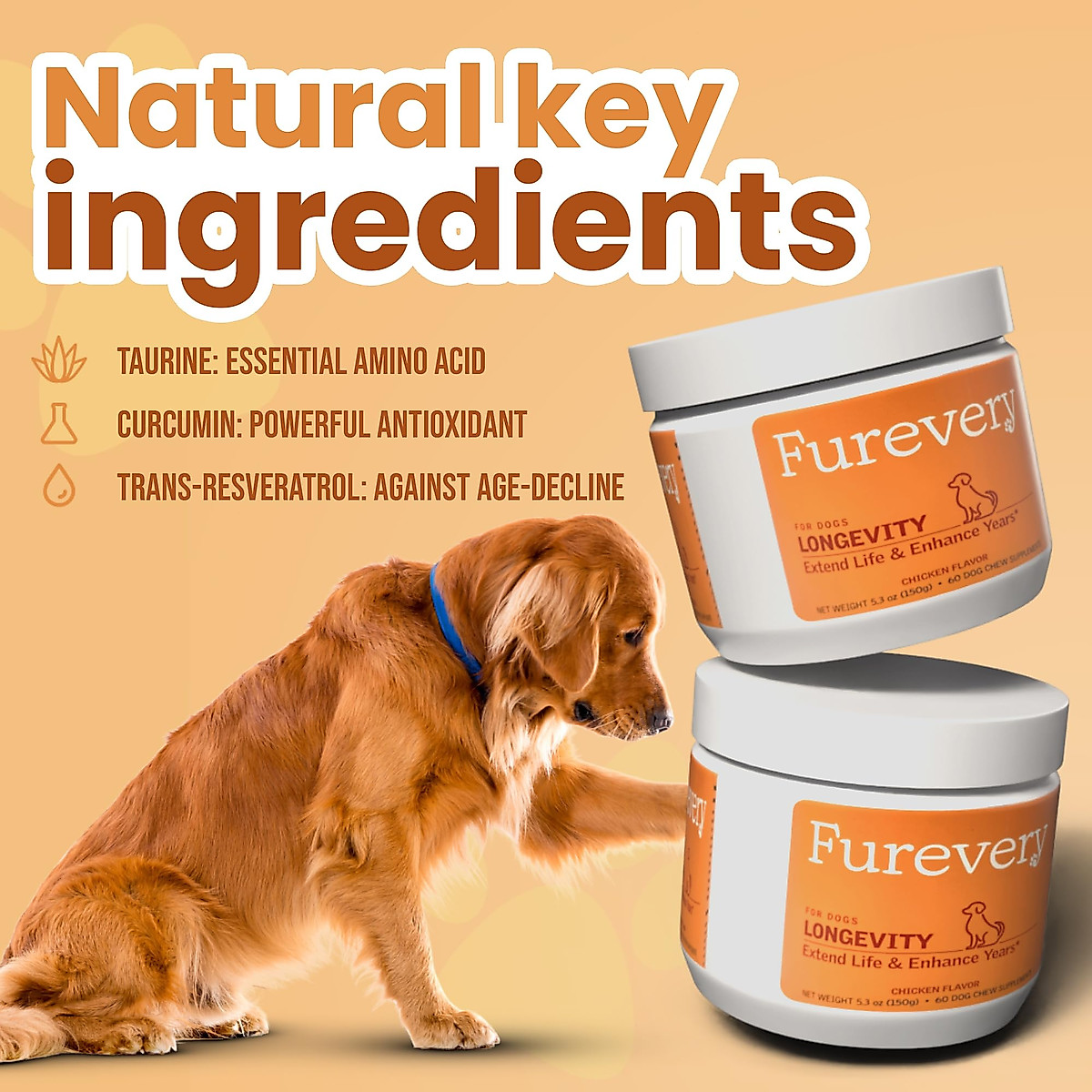 Furevery Chewable Dog Vitamins and Supplements – Daily Longevity Multivitamin for Dogs with Curcumin, Taurine, Trans-Resveratrol – Essential Vitamins for Dogs to Support Wellness and Vitality