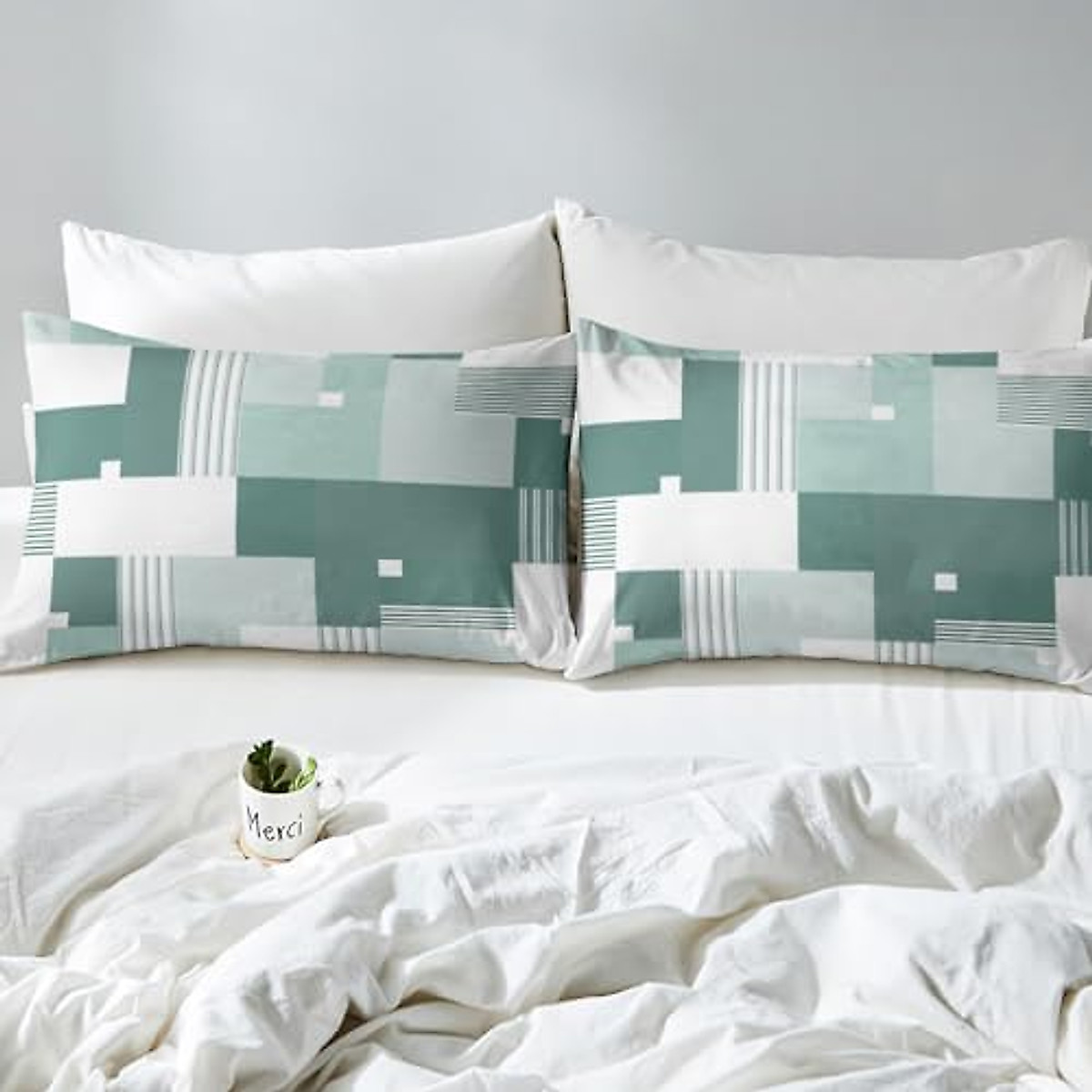 jejeloiu Geometric Sheet Set Full Size Kids White Green Geometry Square Sheets with Deep Pocket Fitted Sheet for Boys Girls Teens Modern Striped Art Bed Sheets Set Luxury Bedding Set Room Decor