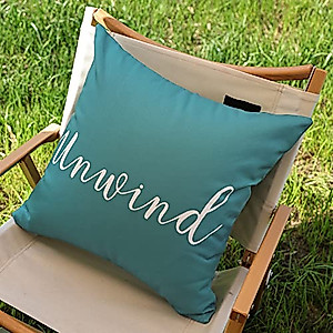 KRINGSIA Pack of 2, Unwind Outdooor Waterproof Throw Pillow Covers, Square Decorative Garden Cushion with Quotes & Sayings for PatioTent Couch (18x18 inch, Turquoise)